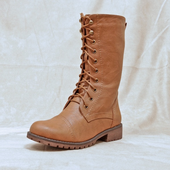 Shoes | Tan Combat Lace Up Mid Calf Zipper Boot Libby1 | Poshmark